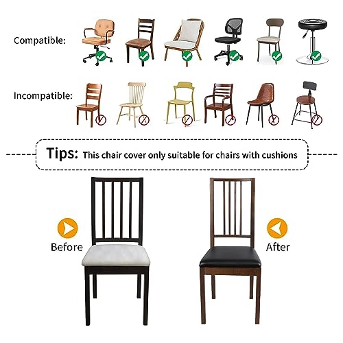 NIBESSER Waterproof Chair Seat Covers Set of 6, PU Leather Dining Chair Seat Covers, Stretch Chair Cover for Dining Room Chairs, Removable Kitchen Seat Cushion Slipcovers Protector (Black)