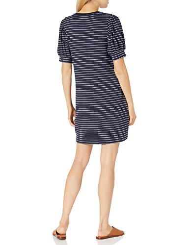 Amazon Essentials Women's Supersoft Terry Relaxed-Fit Short-Sleeve Puff-Sleeve Dress (Previously Daily Ritual), Navy White Mini Stripe, Large
