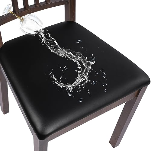 NIBESSER Waterproof Chair Seat Covers Set of 6, PU Leather Dining Chair Seat Covers, Stretch Chair Cover for Dining Room Chairs, Removable Kitchen Seat Cushion Slipcovers Protector (Black)