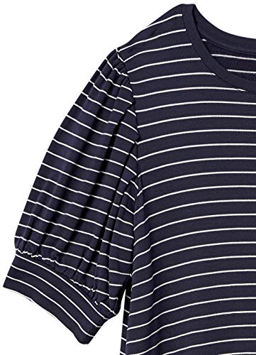 Amazon Essentials Women's Supersoft Terry Relaxed-Fit Short-Sleeve Puff-Sleeve Dress (Previously Daily Ritual), Navy White Mini Stripe, Large