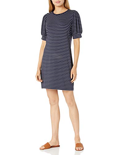 Amazon Essentials Women's Supersoft Terry Relaxed-Fit Short-Sleeve Puff-Sleeve Dress (Previously Daily Ritual), Navy White Mini Stripe, Large