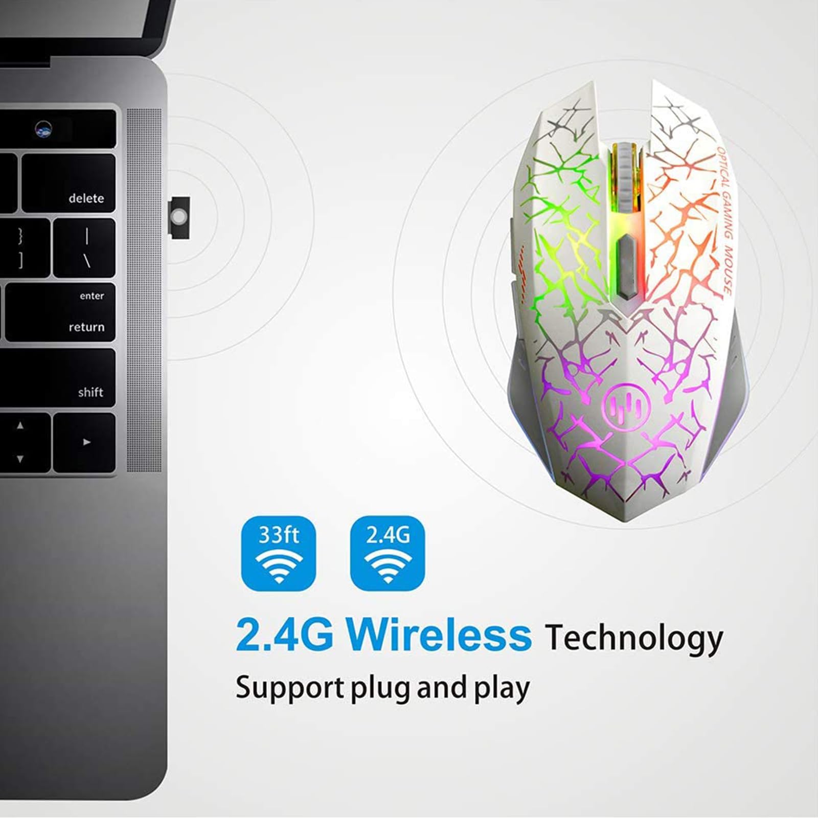 TENMOS K6 Wireless Gaming Mouse, Rechargeable Silent LED Optical Computer Mice with USB Receiver, 3 Adjustable DPI Level and 6 Buttons, Auto Sleeping Compatible Laptop/PC/Notebook (White)