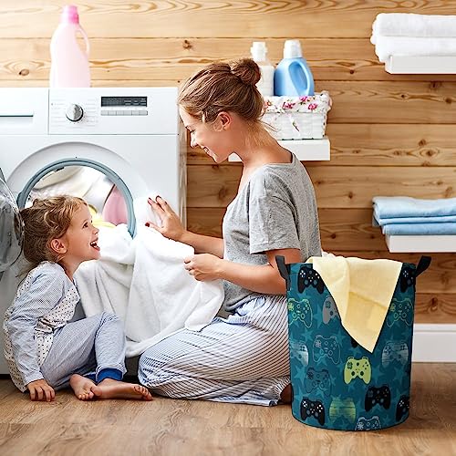 LynaRei Colorful Joystick Gamepad Laundry Basket with Handle, Gaming Cool Print Drawstring Round Collapsible Storage Bin, Dirty Clothes Hamper for Bedroom Bathroom