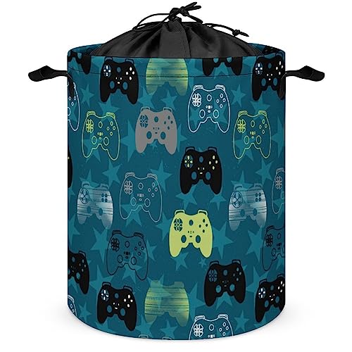 LynaRei Colorful Joystick Gamepad Laundry Basket with Handle, Gaming Cool Print Drawstring Round Collapsible Storage Bin, Dirty Clothes Hamper for Bedroom Bathroom