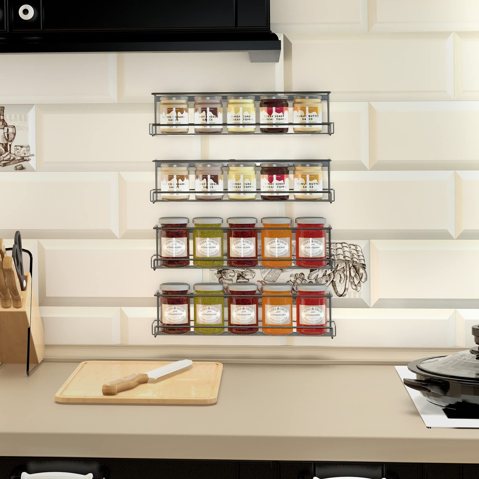 meluke Wall Mounted Spice Rack Organizer for Cabinet Door, Set of 4 Condiment Seasoning Organizer Wall Spice Rack Hanging Shelf for Spice Jars, Spice Jar Holder for Kitchen Cabinet Pantry Door (Black)
