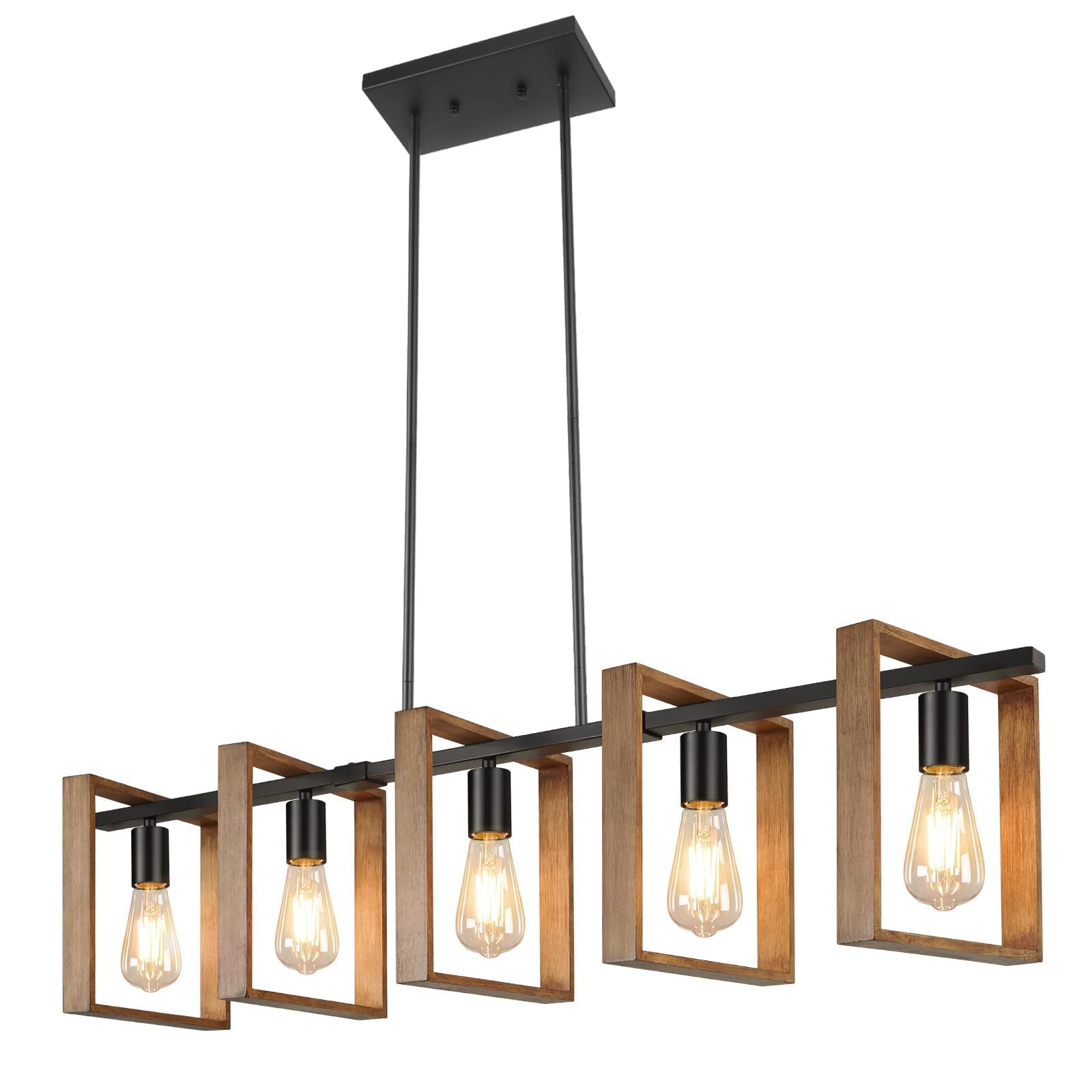 53’’ Farmhouse Kitchen Island Lighting, 5-Light Adjustable Dining Room Light Fixtures, Rustic Wood Chandeliers Black Hanging Light Fixtures for Kitchen, Pool Table Lights, Bulbs Not Included