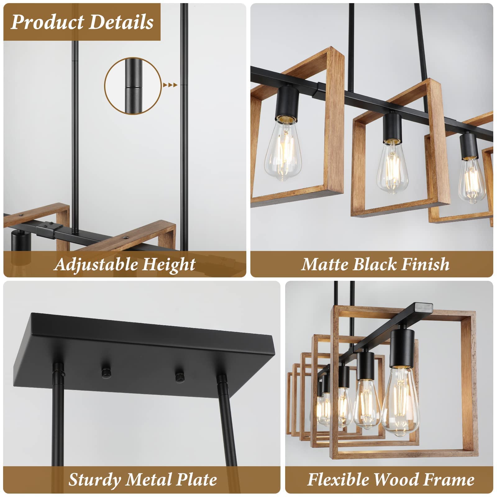 53’’ Farmhouse Kitchen Island Lighting, 5-Light Adjustable Dining Room Light Fixtures, Rustic Wood Chandeliers Black Hanging Light Fixtures for Kitchen, Pool Table Lights, Bulbs Not Included