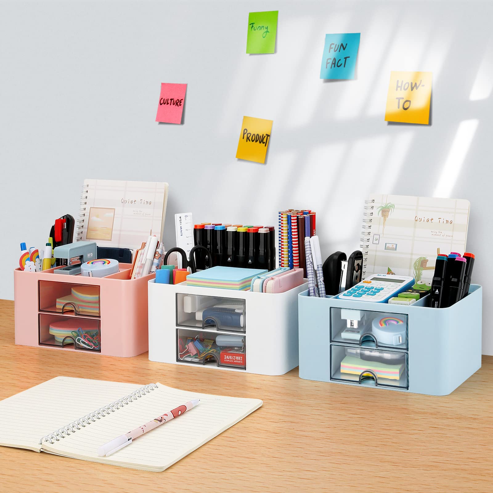 LETURE Desk Organizer with 2 Drawer, Plastic Desktop Pen Pencil Card Holder Storage Box for Desk, Office Supplies, Vanity Table Office School Home (White)