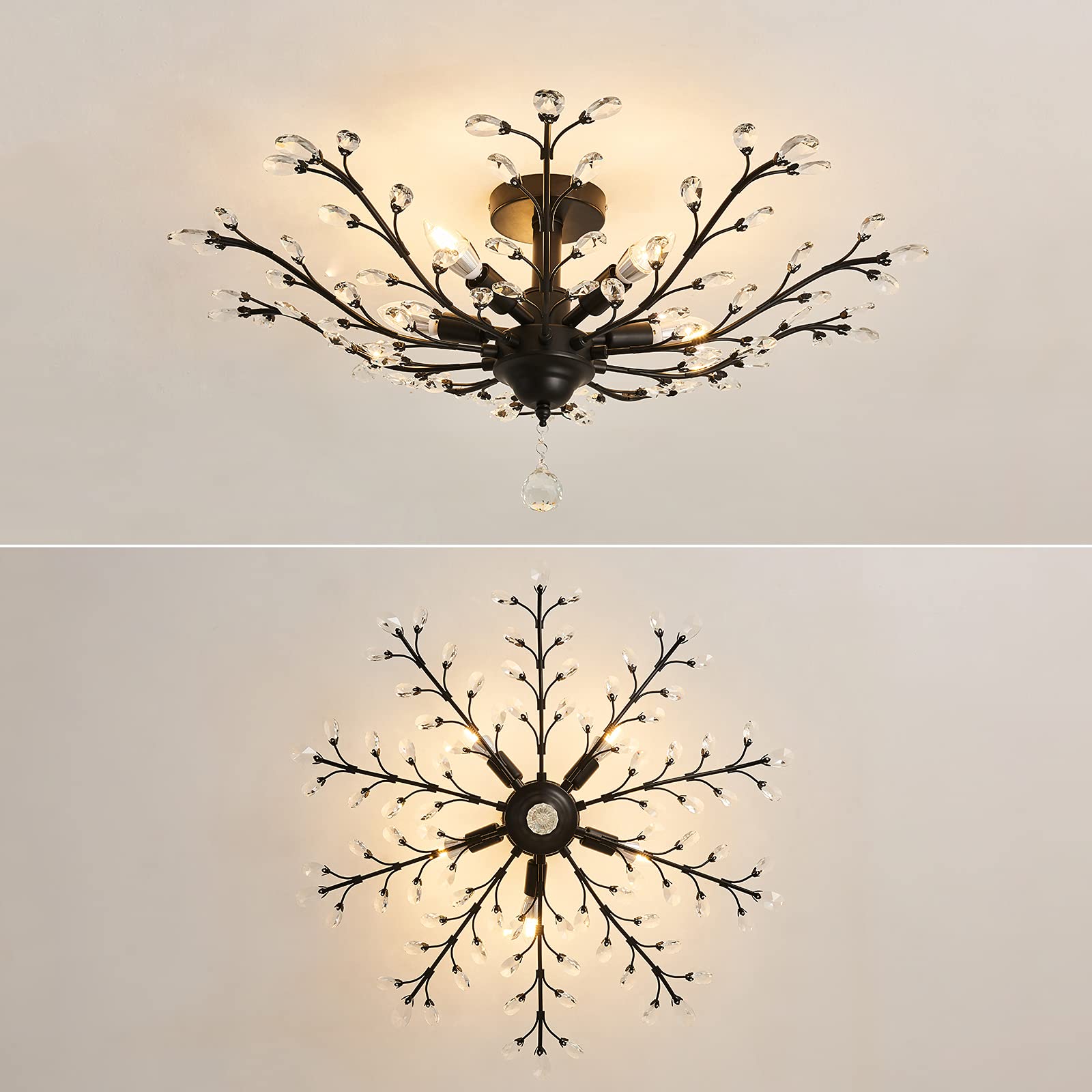 CVKASH 5 - Light Vintage Small Crystal Chandelier Modern Semi Flush Mount Ceiling Light Fixture Chandelier Lighting for Kitchen Bedroom Living Room Dining Room Hallway Foyer(Black)