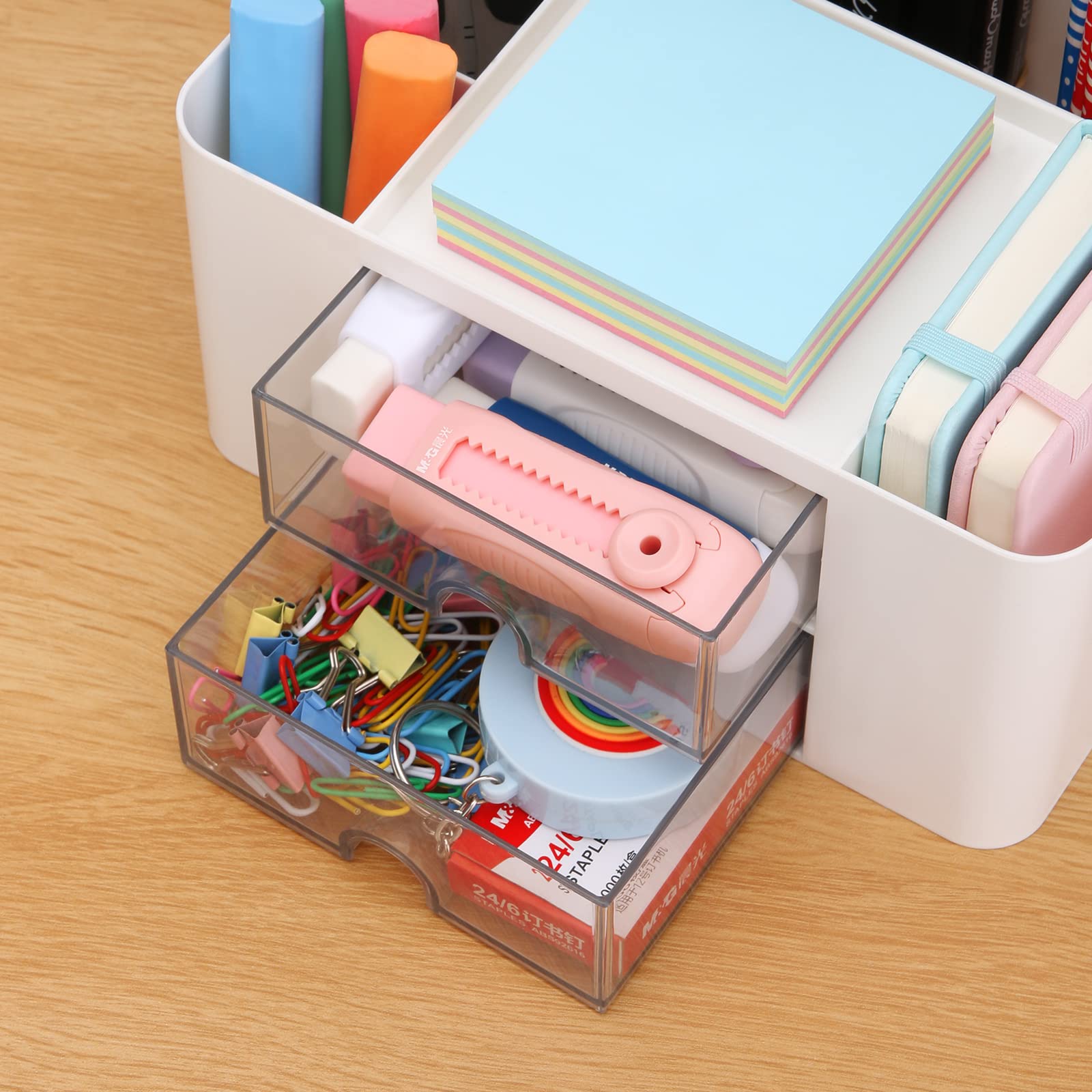 LETURE Desk Organizer with 2 Drawer, Plastic Desktop Pen Pencil Card Holder Storage Box for Desk, Office Supplies, Vanity Table Office School Home (White)