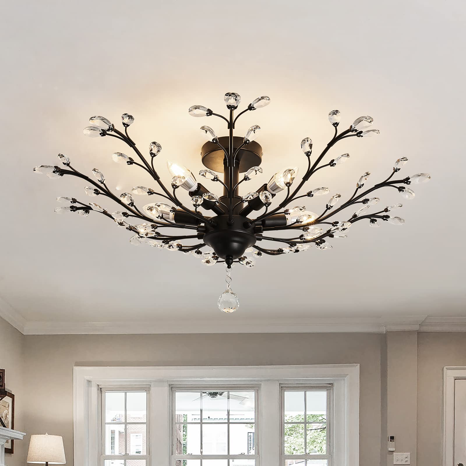 CVKASH 5 - Light Vintage Small Crystal Chandelier Modern Semi Flush Mount Ceiling Light Fixture Chandelier Lighting for Kitchen Bedroom Living Room Dining Room Hallway Foyer(Black)