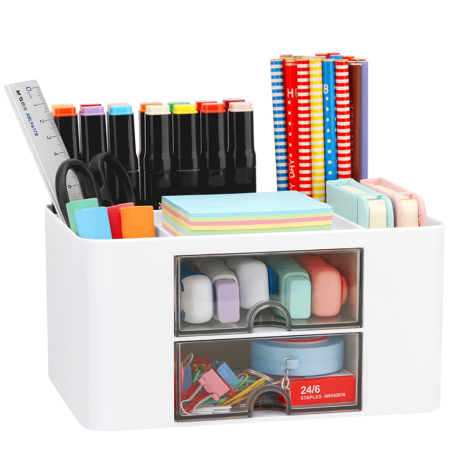 LETURE Desk Organizer with 2 Drawer, Plastic Desktop Pen Pencil Card Holder Storage Box for Desk, Office Supplies, Vanity Table Office School Home (White)