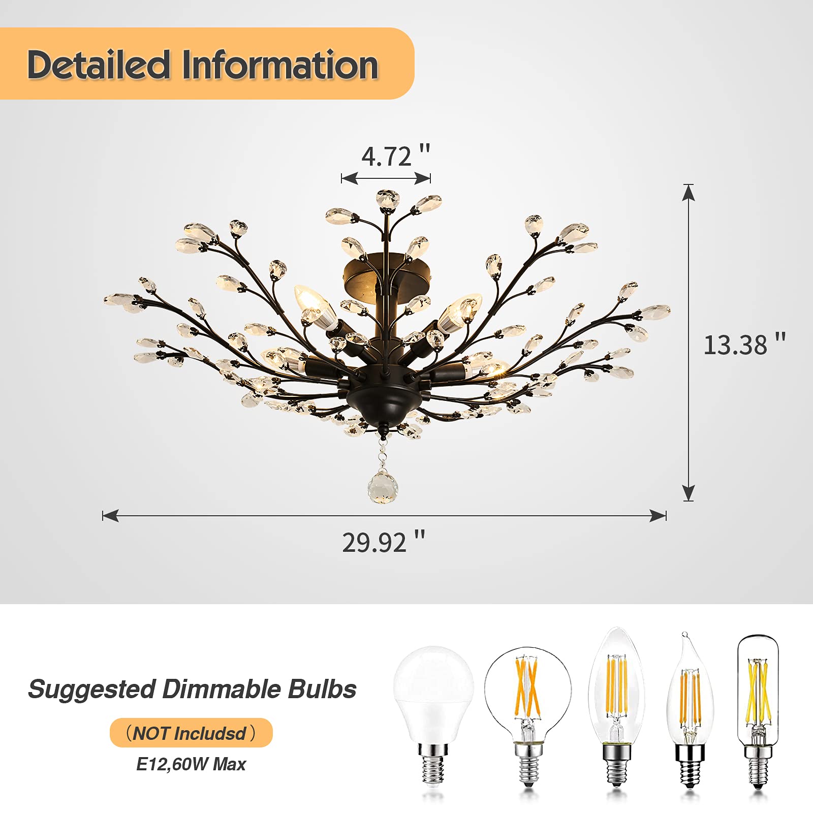 CVKASH 5 - Light Vintage Small Crystal Chandelier Modern Semi Flush Mount Ceiling Light Fixture Chandelier Lighting for Kitchen Bedroom Living Room Dining Room Hallway Foyer(Black)