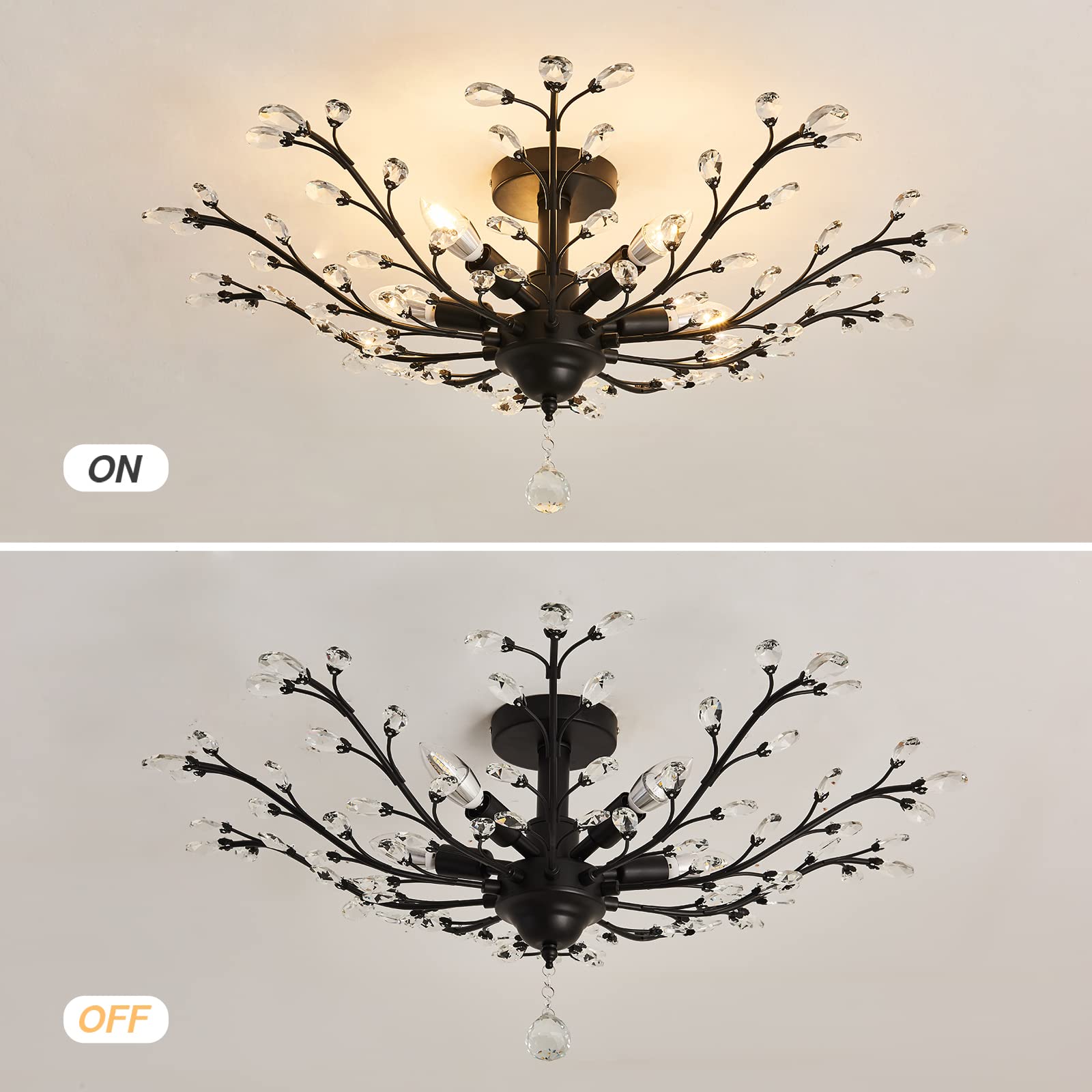 CVKASH 5 - Light Vintage Small Crystal Chandelier Modern Semi Flush Mount Ceiling Light Fixture Chandelier Lighting for Kitchen Bedroom Living Room Dining Room Hallway Foyer(Black)
