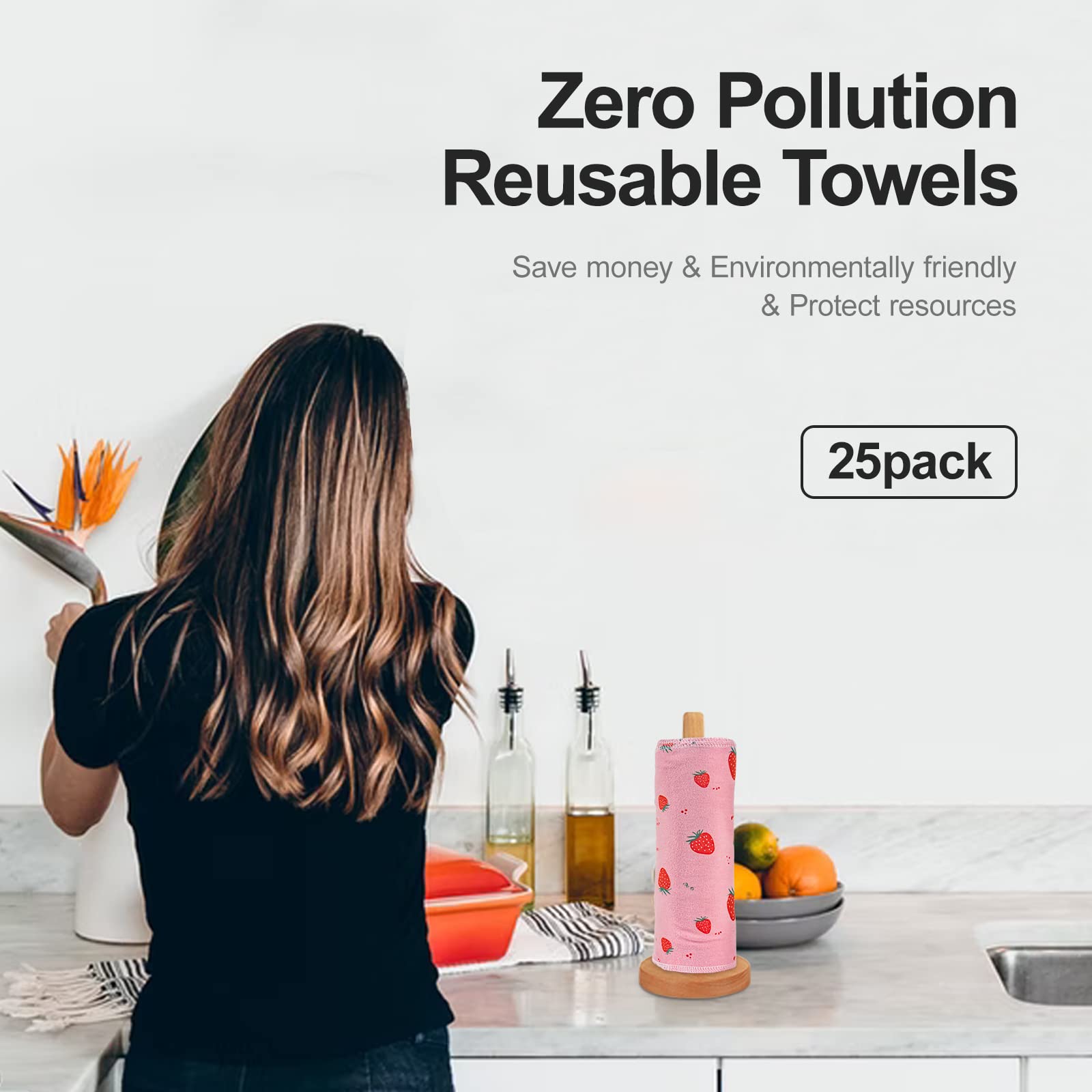 Kumebon Reusable Paper Towels Washable Roll - 25 Pack 100% Cotton Prints Cloth Paper Towels for Kitchen Paperless Paper Towels Napkins Zero Waste Products Alternative Paper Towel Alternative