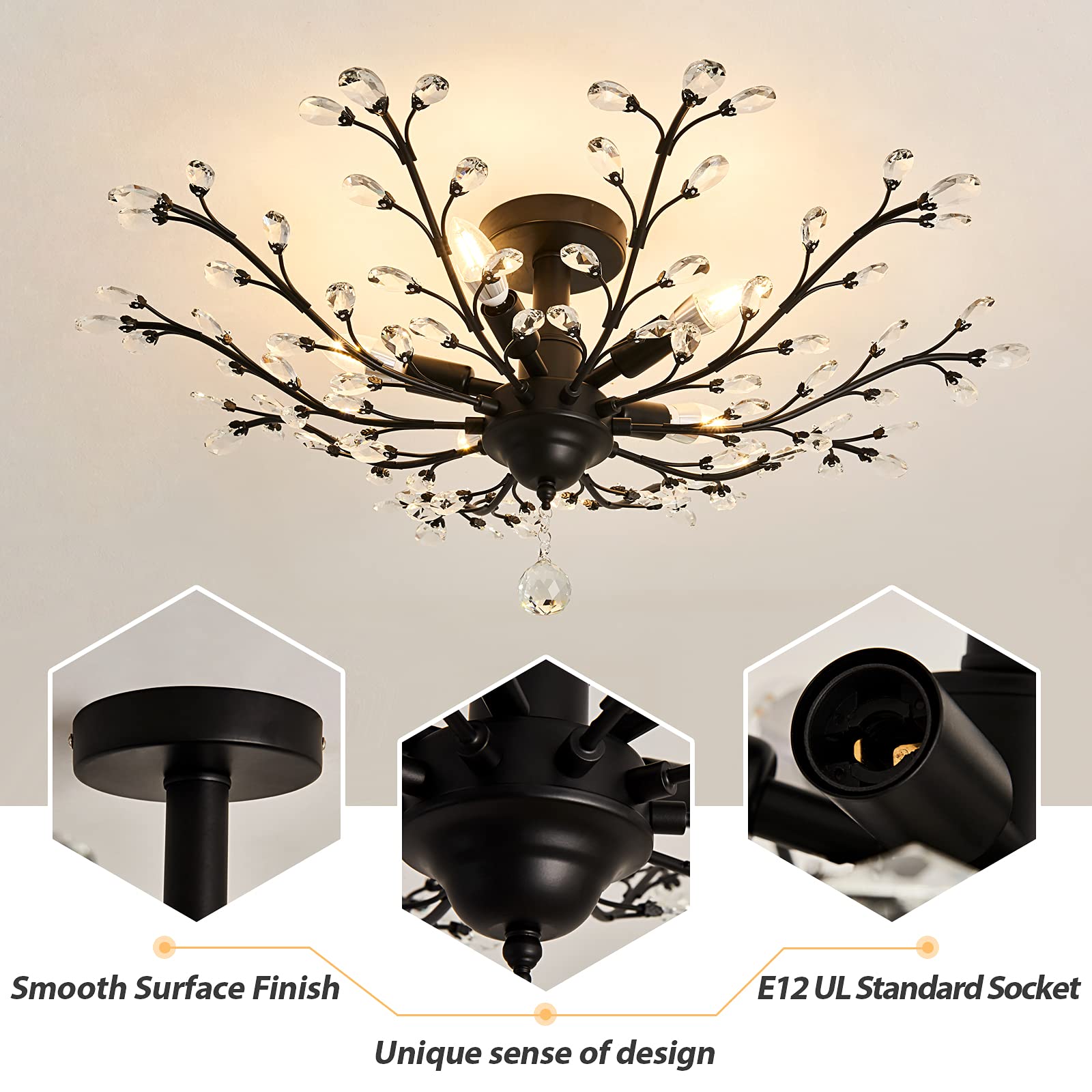 CVKASH 5 - Light Vintage Small Crystal Chandelier Modern Semi Flush Mount Ceiling Light Fixture Chandelier Lighting for Kitchen Bedroom Living Room Dining Room Hallway Foyer(Black)