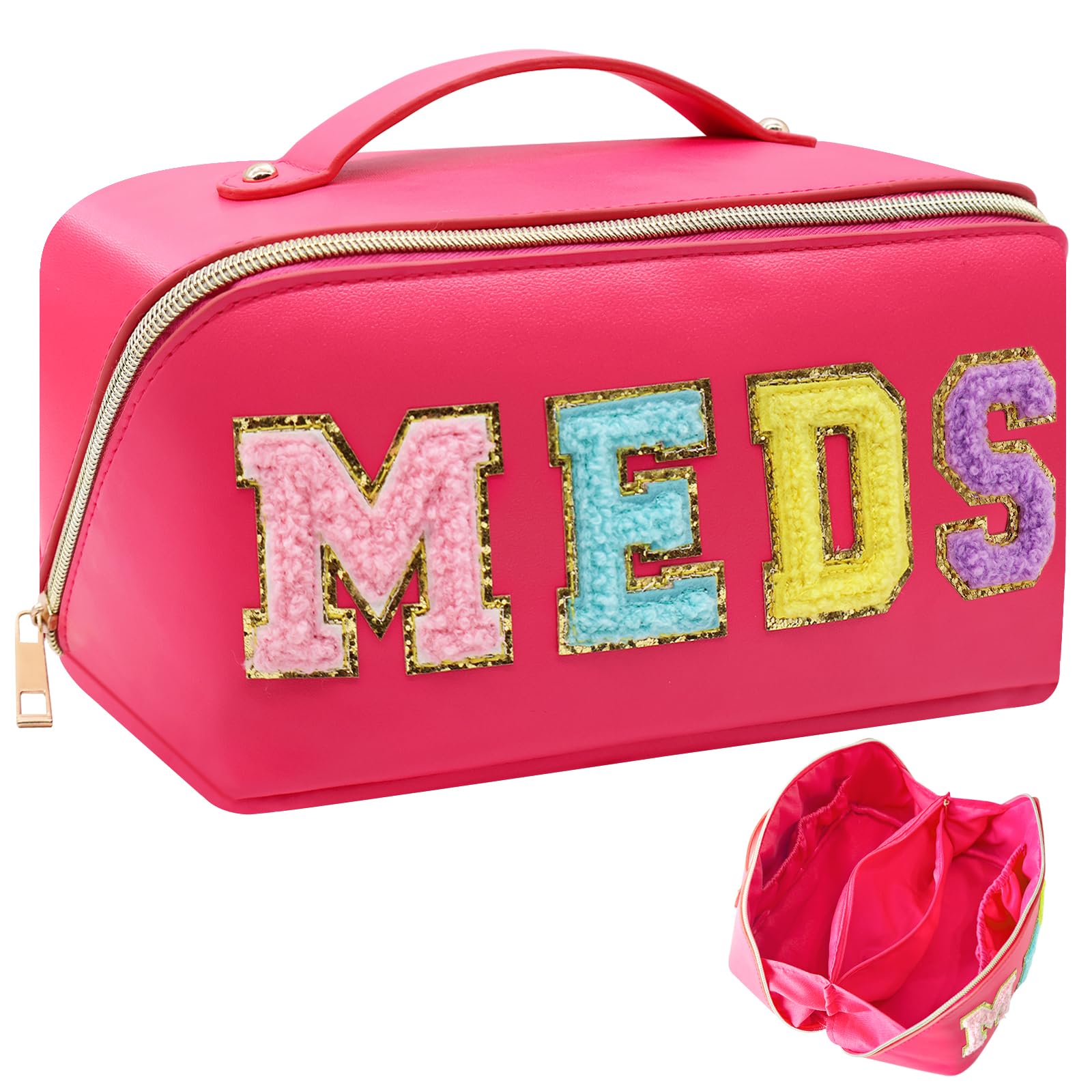 dark swan Chenille Letter Portable Makeup Bag Medicine Drug Bag Waterproof Leather, Preppy Patch Makeup Cases w/ Zipper, MEDS First Aid Pouch Purpose Bag School Home Travel Camping Supplies (Pink)