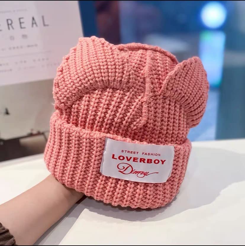 Cat Ear Hat Cute Beanie Hat Knit Wool Cap Warm Slouchy Crochet Hat (Pink)