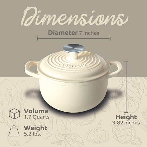 Segretto Cookware Enameled Cast Iron Dutch Oven Pot with Lid Bianco Perla (Pearl White) 1.7 Quarts Dutch Oven Cast Iron with Handle 1.7 qt Enamel Camping Small Dutch Oven for Bread Baking, Cooking