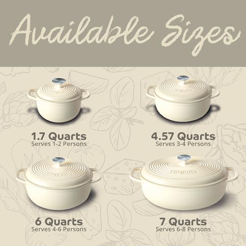 Segretto Cookware Enameled Cast Iron Dutch Oven Pot with Lid Bianco Perla (Pearl White) 1.7 Quarts Dutch Oven Cast Iron with Handle 1.7 qt Enamel Camping Small Dutch Oven for Bread Baking, Cooking