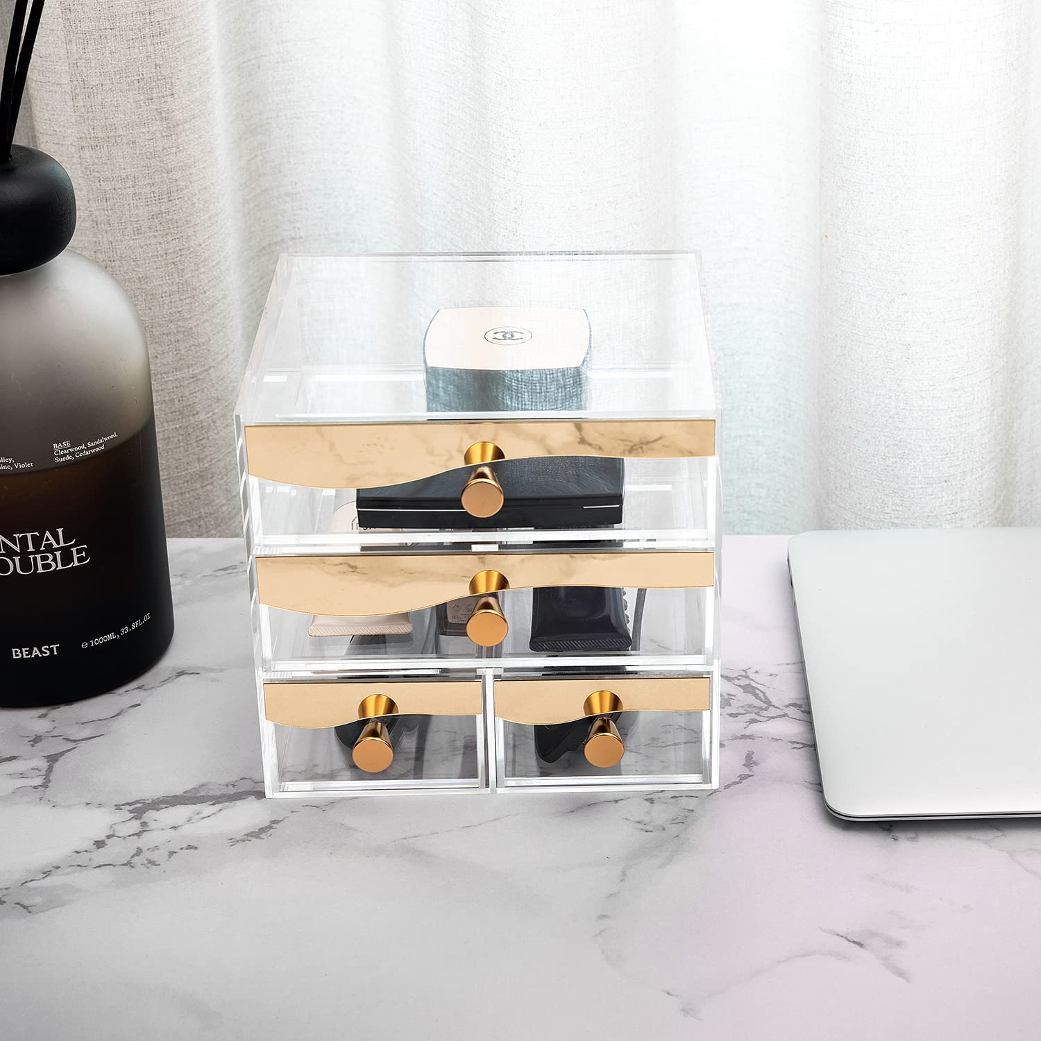 Gold Mirror 4-Drawer Desk Organizer, Makeup Organizer, Acrylic Storage Drawers, Light Weight with a Chic Blend of Clear and Gold Clear and Gold for Home, School, Office