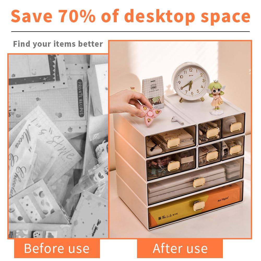 3 Pack Stackable Desk Storage Drawers, Desktop Organizer with Drawers, 4 Drawers Plastic Desk Storage Organizer for Home, Office, School, Makeup, Crafts, Bathroom, Make Up, Cosmetic - White