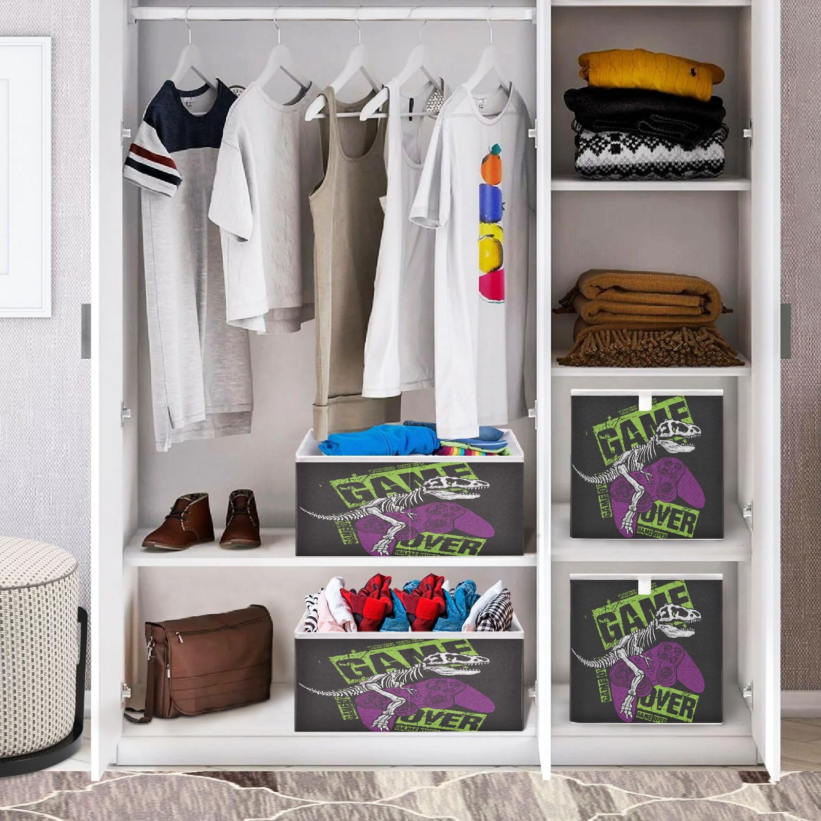 QUGRL Dinosaur Skeleton Video Game Storage Bins Organizer Joysticks Gamepad Slogan Foldable Clothes Storage Basket Box for Shelves Closet Cabinet Office Dorm Bedroom 15.75 x 10.63 x 6.96 in