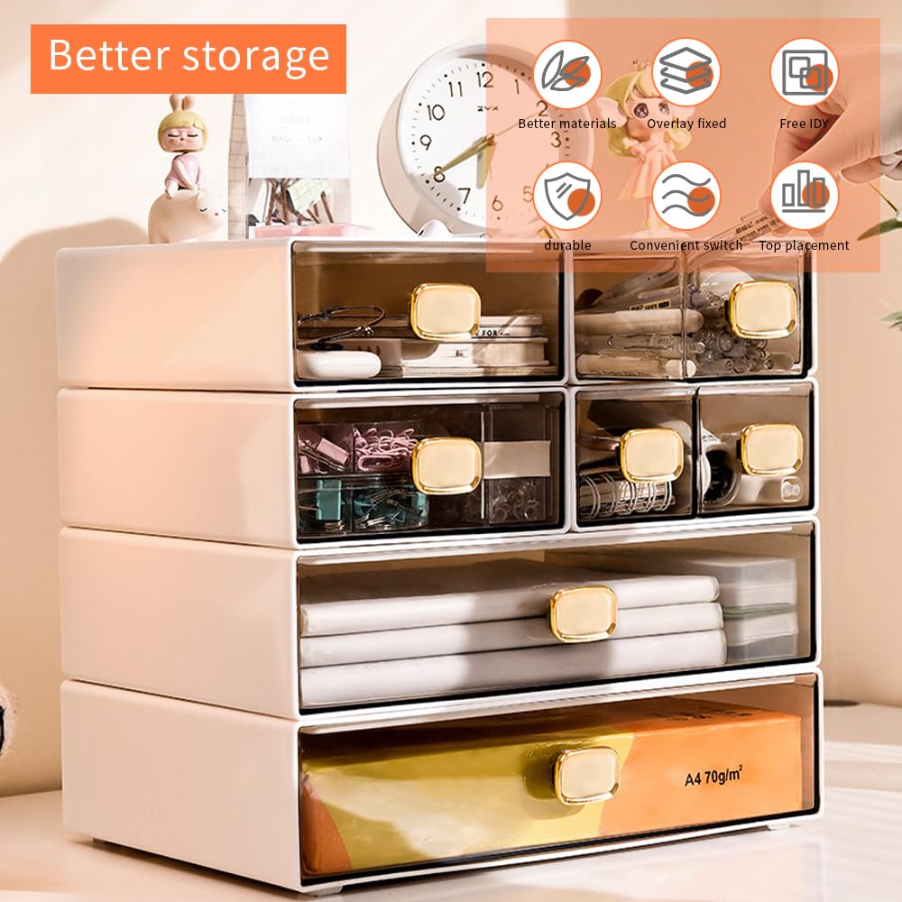 3 Pack Stackable Desk Storage Drawers, Desktop Organizer with Drawers, 4 Drawers Plastic Desk Storage Organizer for Home, Office, School, Makeup, Crafts, Bathroom, Make Up, Cosmetic - White