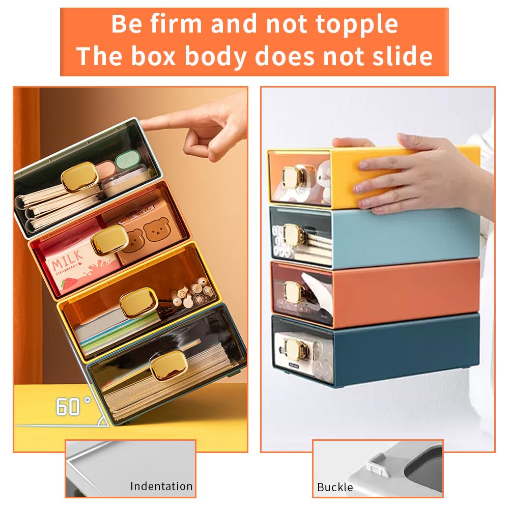 3 Pack Stackable Desk Storage Drawers, Desktop Organizer with Drawers, 4 Drawers Plastic Desk Storage Organizer for Home, Office, School, Makeup, Crafts, Bathroom, Make Up, Cosmetic - White