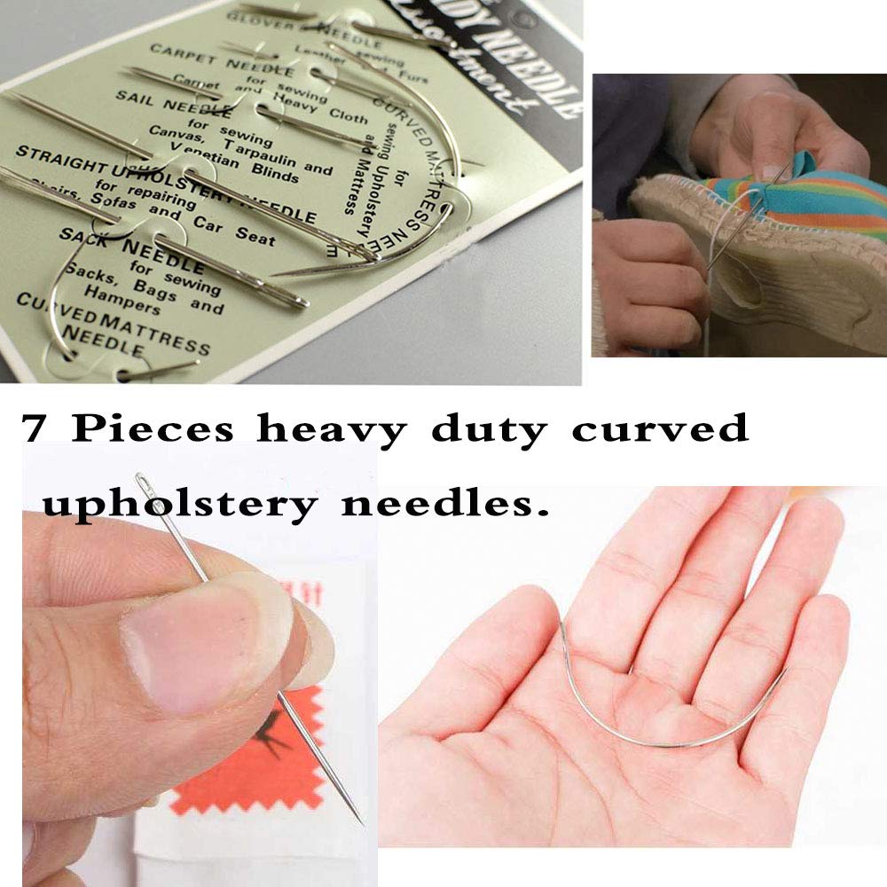 Topus Extra Strong Upholstery Repair Sewing Thread Kit and Heavy Duty Household Hand Needles, Including 7 Styles of Leather Canvas Sewing Needles and 3 Colors Nylon Thread (70 Yard of Each Roll)