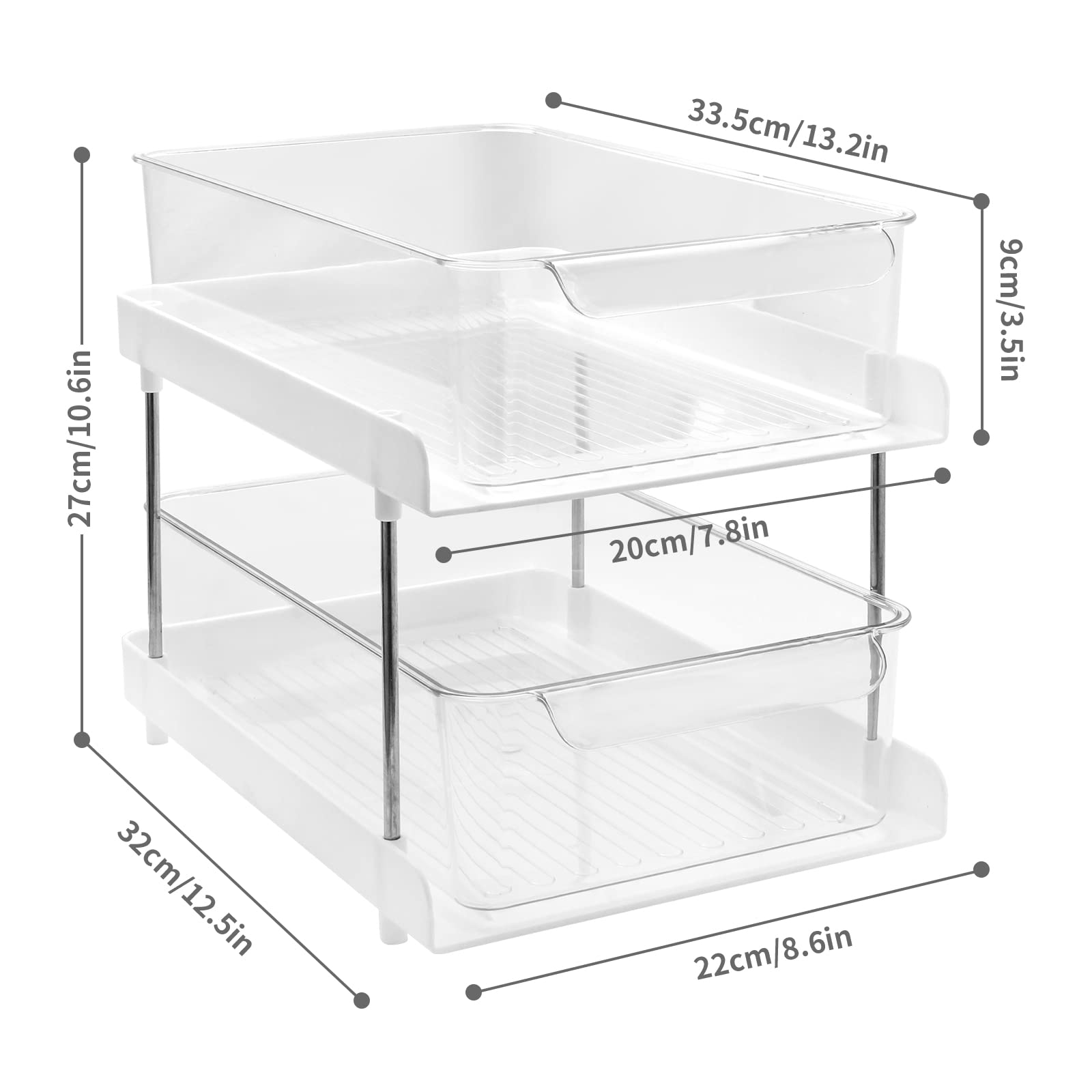 Ruishetop Stackable Under Sink Cabinet Organizer, Multi-Purpose 2 Tier Drawers Sliding Cabinet Basket Organizer Drawer with Handle for Home Kitchen Bathroom Office