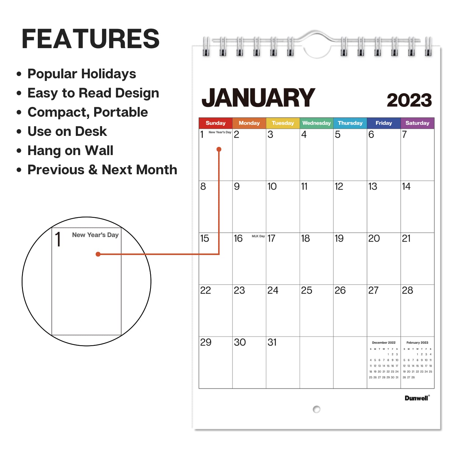 Dunwell Mini Wall Calendar 2023 - (5.5x8.5, Colorful), Use to Dec 2023, Small Notepad Calendar, Little Calendar for Locker, Bulletin Board, Wall, or Desk