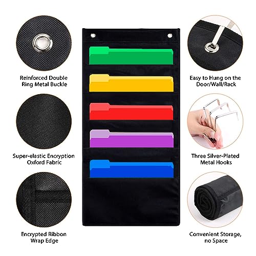 Headif Premium Door Hanging File Organizer,Cascading Wall File Storage Pocket Chart, 5 Pockets Folder Holder & 2 Hangers, Perfect for Classroom Office School and Home Use Organization