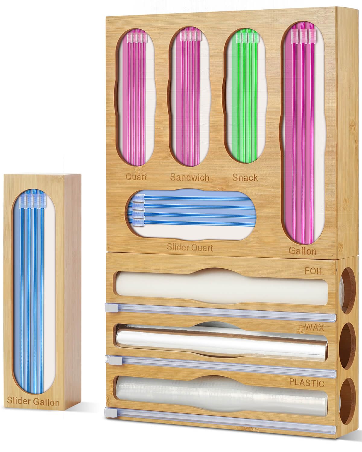 9 IN 1 Bamboo Foil and Plastic Wrap Organizer for kitchen drawer, Ziplock bag organizer and Plastic Wrap Dispenser with Cutter, zip lock bag Storage organizer for Gallon,Quart,Sandwich,Snack
