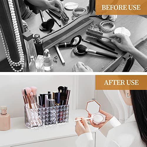 CiCiKiea Acrylic Makeup Brushes Holder Pen Pencil Organizer for Desk, Desktop Storage with Diamond Surface for Cosmetic Eyebrow Pen, Lip Gloss, Brushes, Office,School,Home-Clear