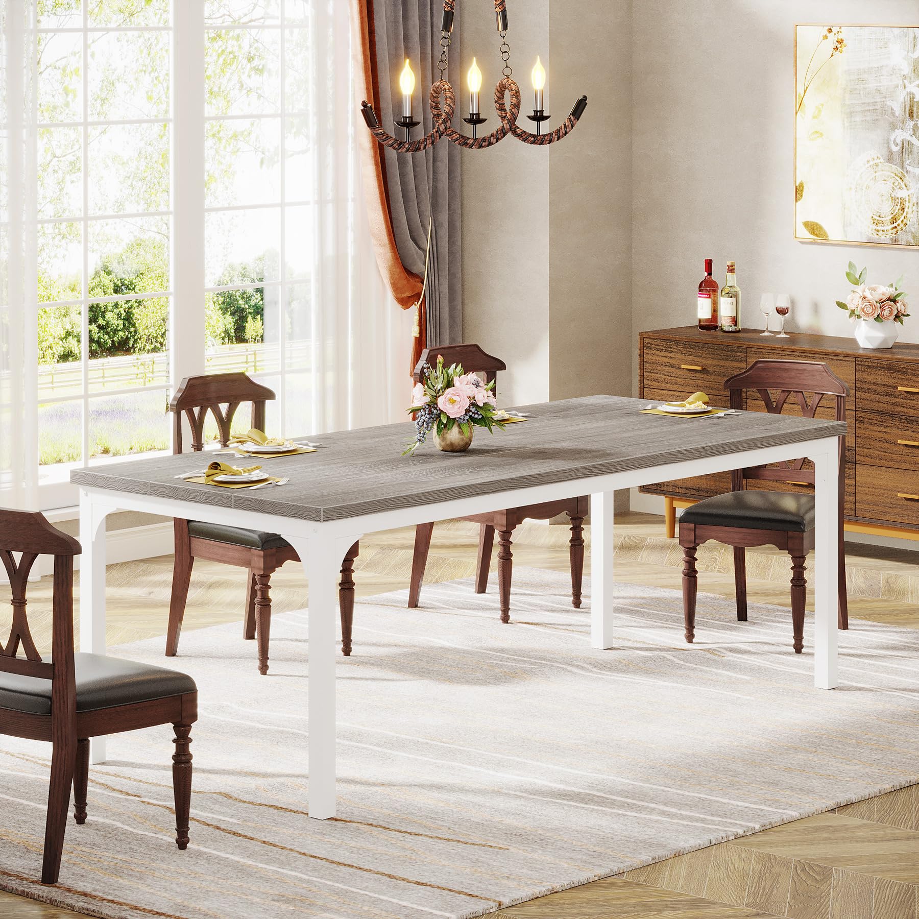 Tribesigns Farmhouse Dining Table for 6-8, 70.9 Inch Rectangular Wood Kitchen Table with Heavy Duty Metal Legs, Industrial Dinner Table for Dining Room, Living Room, Grey and White