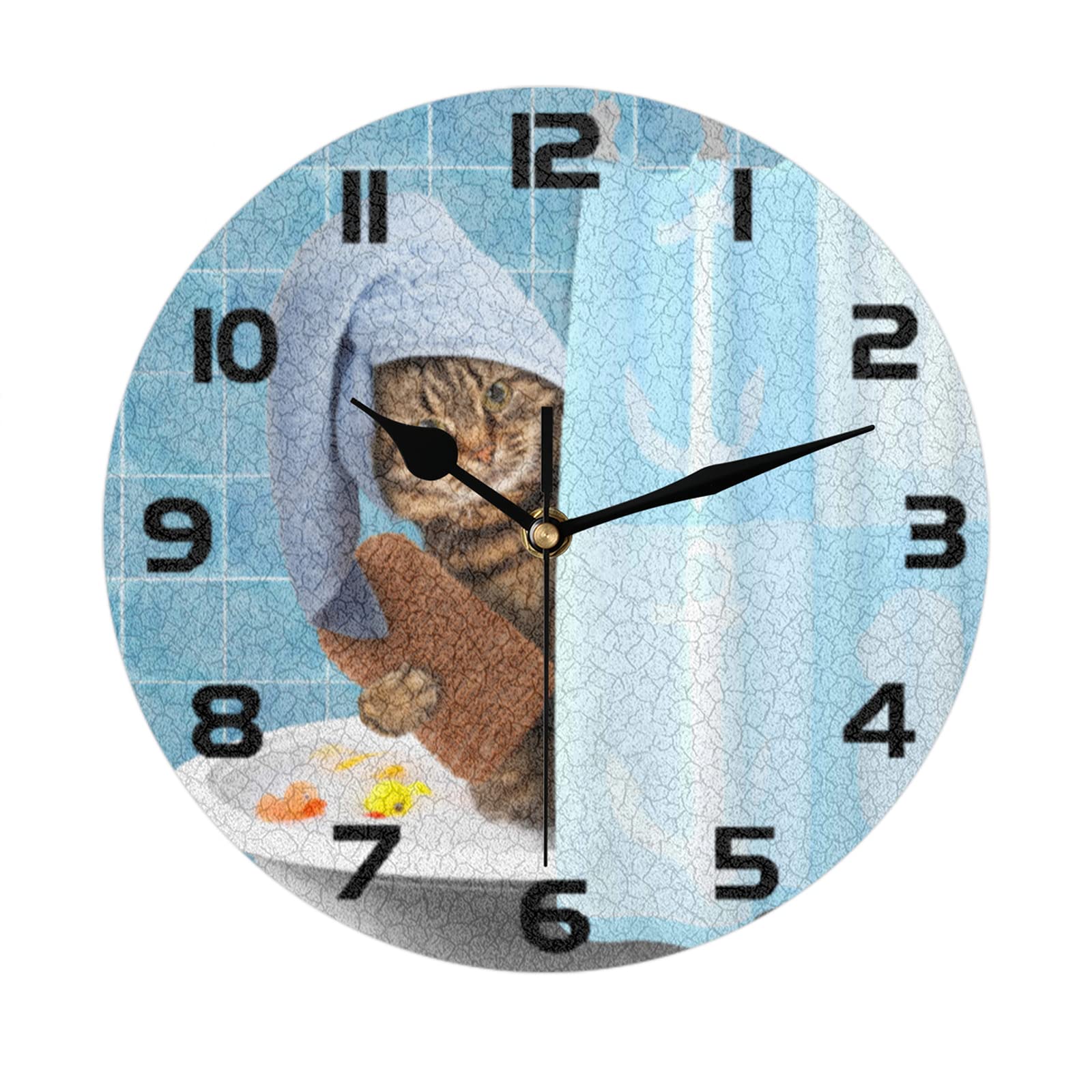 Wall Clocks for Living Room Decor 10 Inch Silent Non-Ticking Wall Clocks Battery Operated Round Hanging Clock Real Wood for Home/Office/Kitchen/Classroom/School Cat Pattern