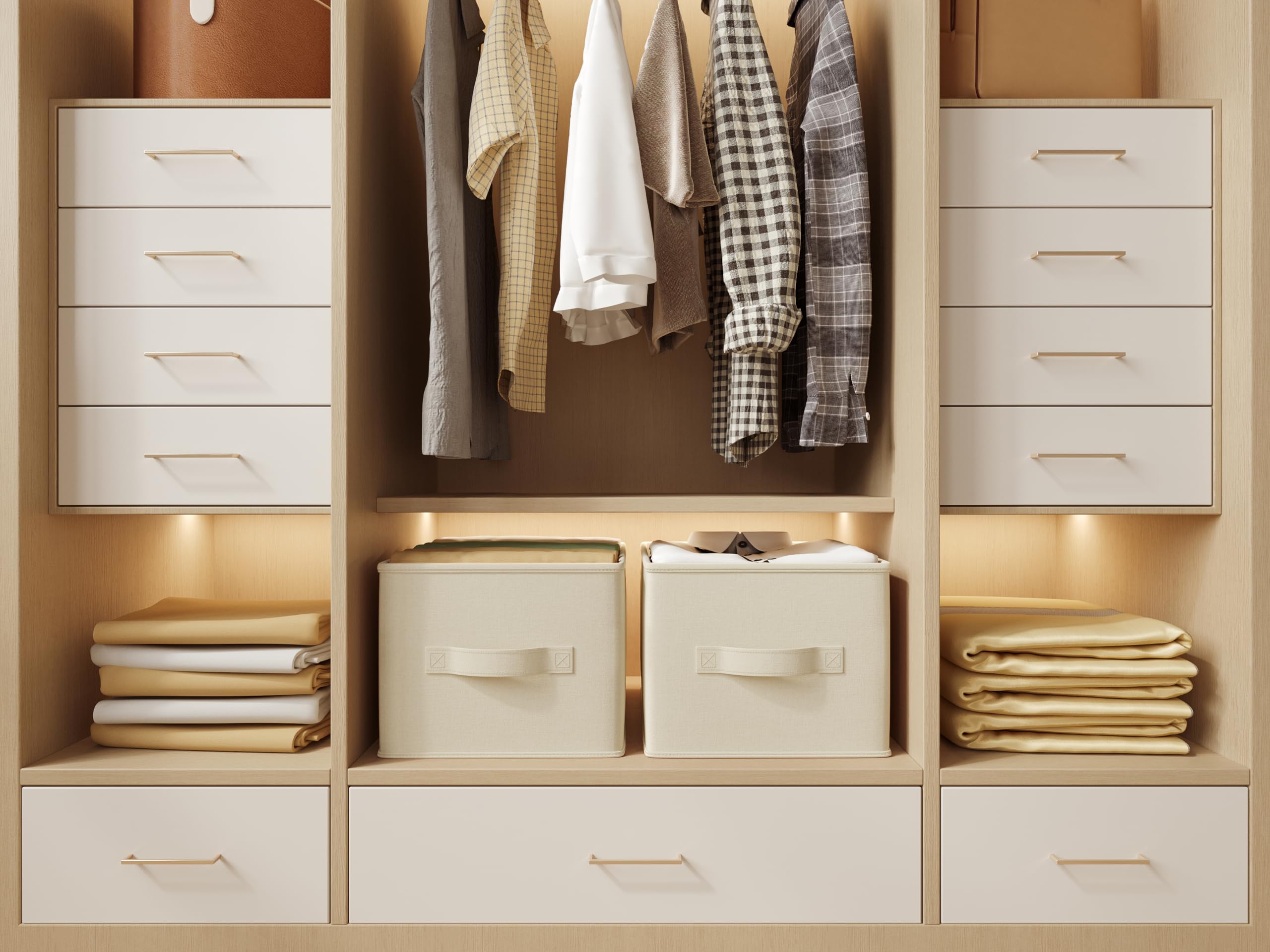 LayerSpace 3 Pack Fabric Storage Bins for Shelves | 16.93x12x8.23in Closet Storage Bins | Collapsible Storage Bins for Organization | Linen Clothes Storage Bins | White & Ivory