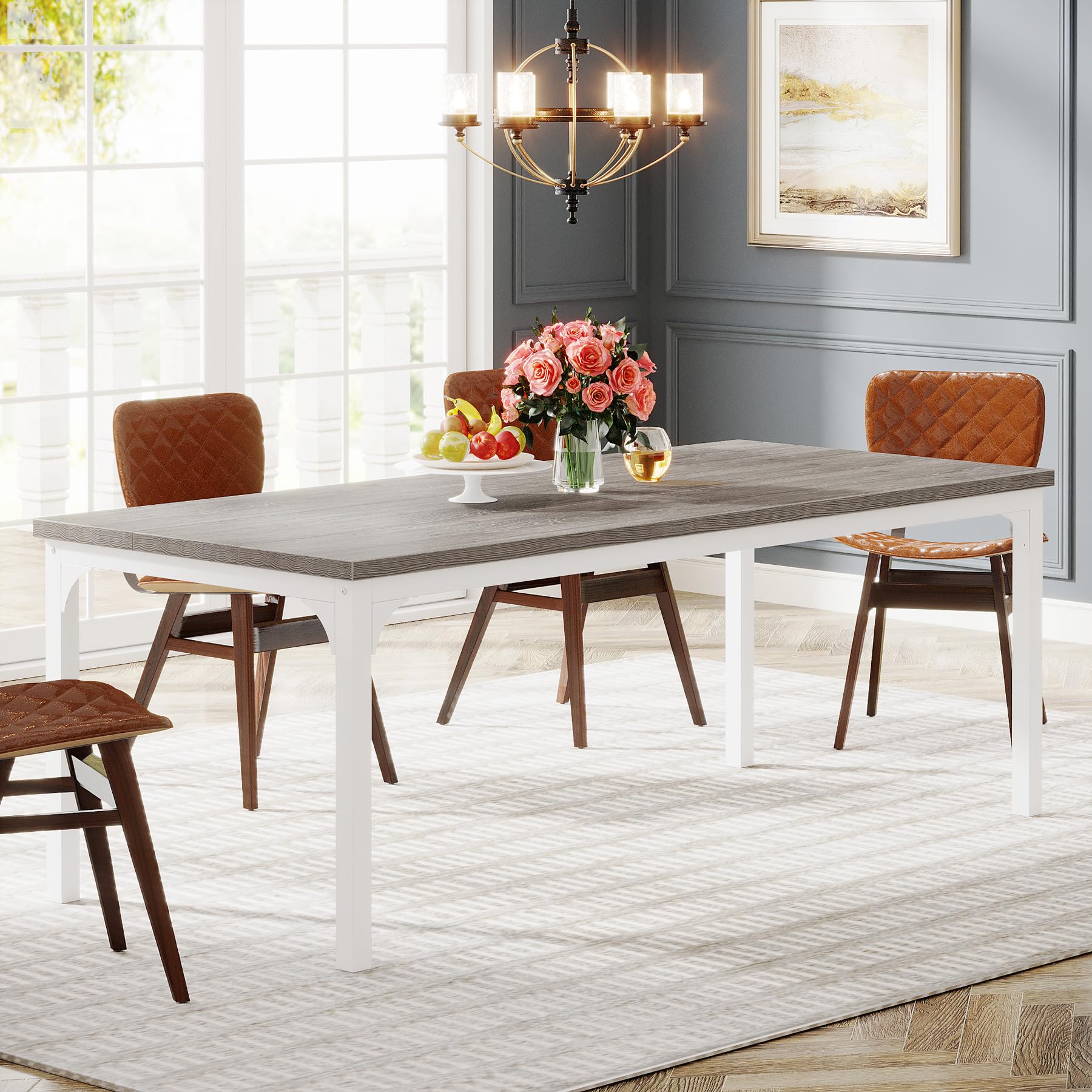 Tribesigns Farmhouse Dining Table for 6-8, 70.9 Inch Rectangular Wood Kitchen Table with Heavy Duty Metal Legs, Industrial Dinner Table for Dining Room, Living Room, Grey and White