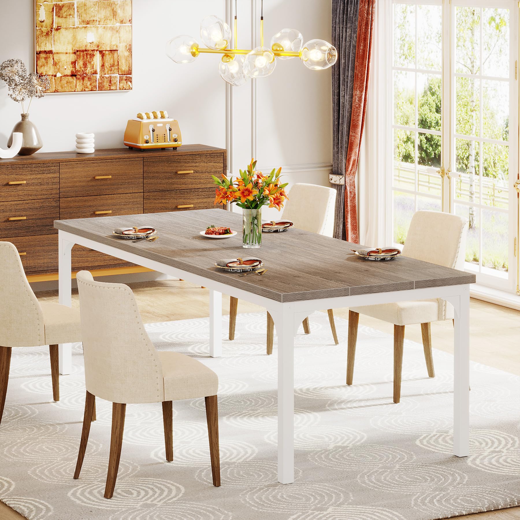 Tribesigns Farmhouse Dining Table for 6-8, 70.9 Inch Rectangular Wood Kitchen Table with Heavy Duty Metal Legs, Industrial Dinner Table for Dining Room, Living Room, Grey and White