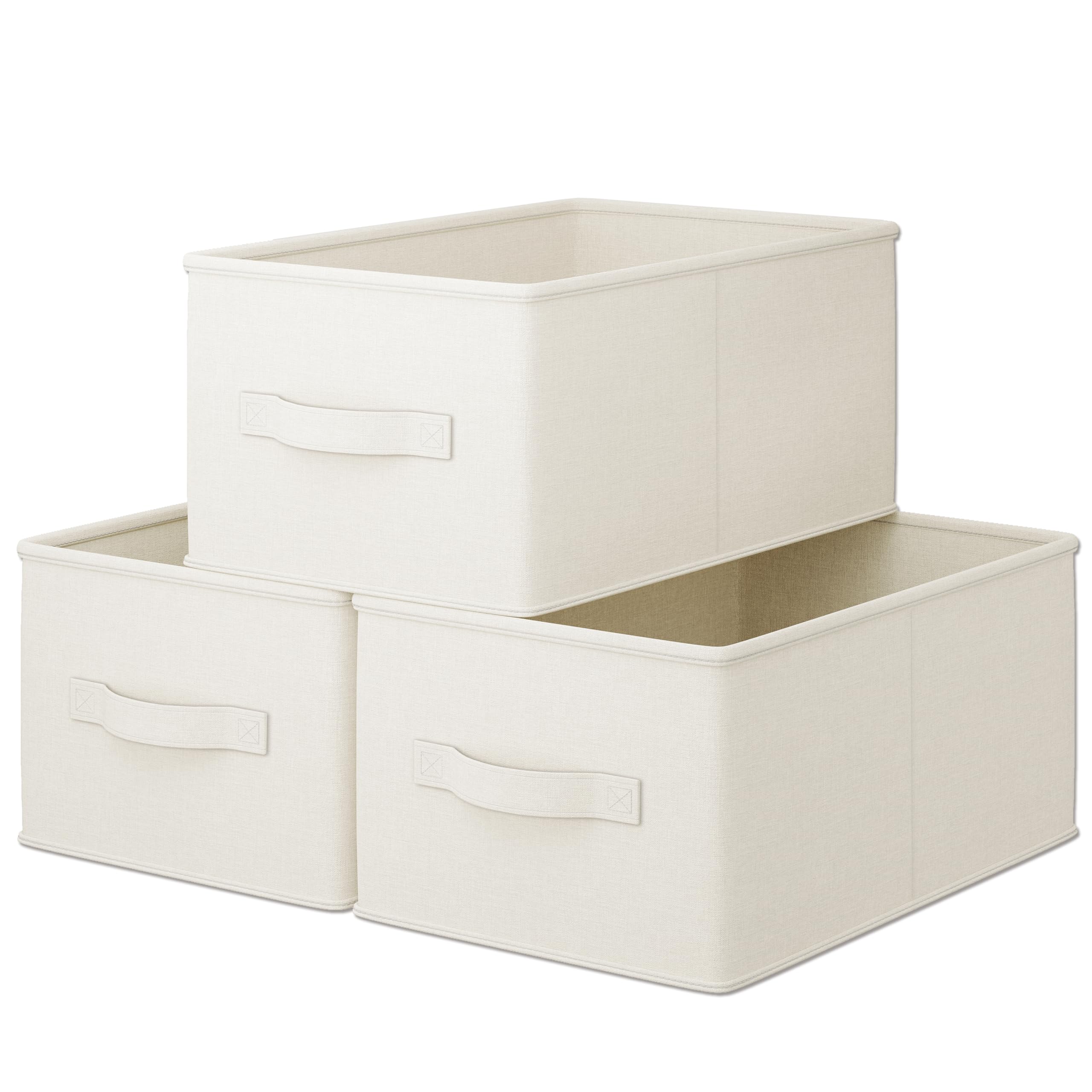 LayerSpace 3 Pack Fabric Storage Bins for Shelves | 16.93x12x8.23in Closet Storage Bins | Collapsible Storage Bins for Organization | Linen Clothes Storage Bins | White & Ivory