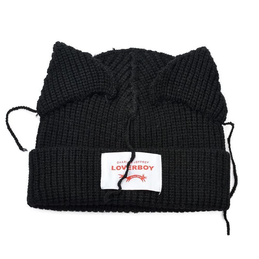 Kpop Stray Kids Beanie Hat Cat Ear Hat Hyunjin Felix Bangchan Hat Knitted Caps SKZ Headwear (cat Ear Beanie hat-Black)
