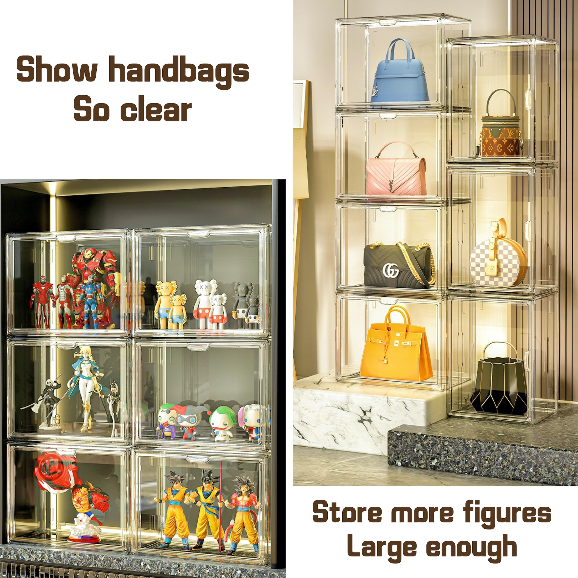 ZLLZUU Clear Stackable Plastic Storage Bins with Lid, Dustproof Book Cosmetic Acrylic Display Cases with Magnetic Door, Large Figures Collectibles Showcase