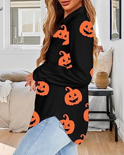 Nulibenna Halloween Button Down Shirts Tops for Women Long Sleeve Pumpkin Graphic Print Blouses