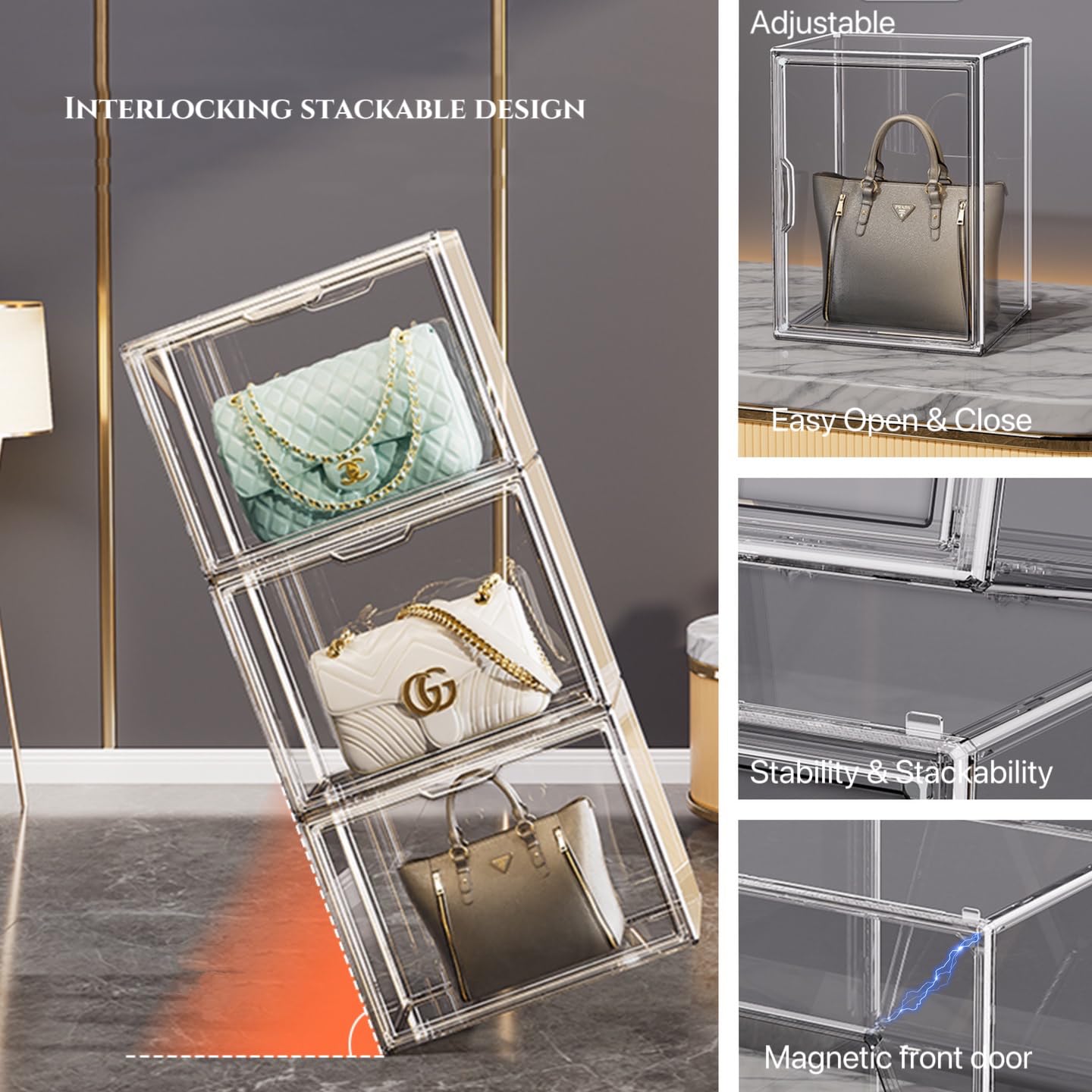 ZLLZUU Clear Stackable Plastic Storage Bins with Lid, Dustproof Book Cosmetic Acrylic Display Cases with Magnetic Door, Large Figures Collectibles Showcase