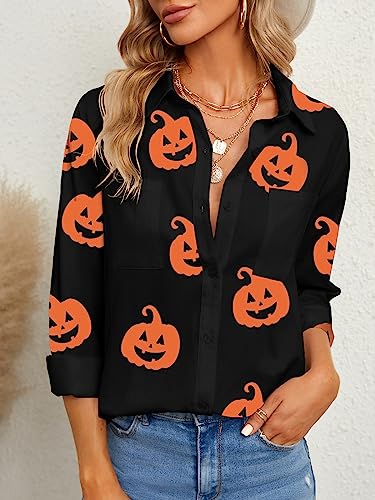 Nulibenna Halloween Button Down Shirts Tops for Women Long Sleeve Pumpkin Graphic Print Blouses