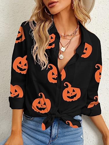 Nulibenna Halloween Button Down Shirts Tops for Women Long Sleeve Pumpkin Graphic Print Blouses
