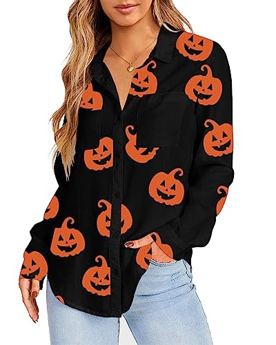 Nulibenna Halloween Button Down Shirts Tops for Women Long Sleeve Pumpkin Graphic Print Blouses