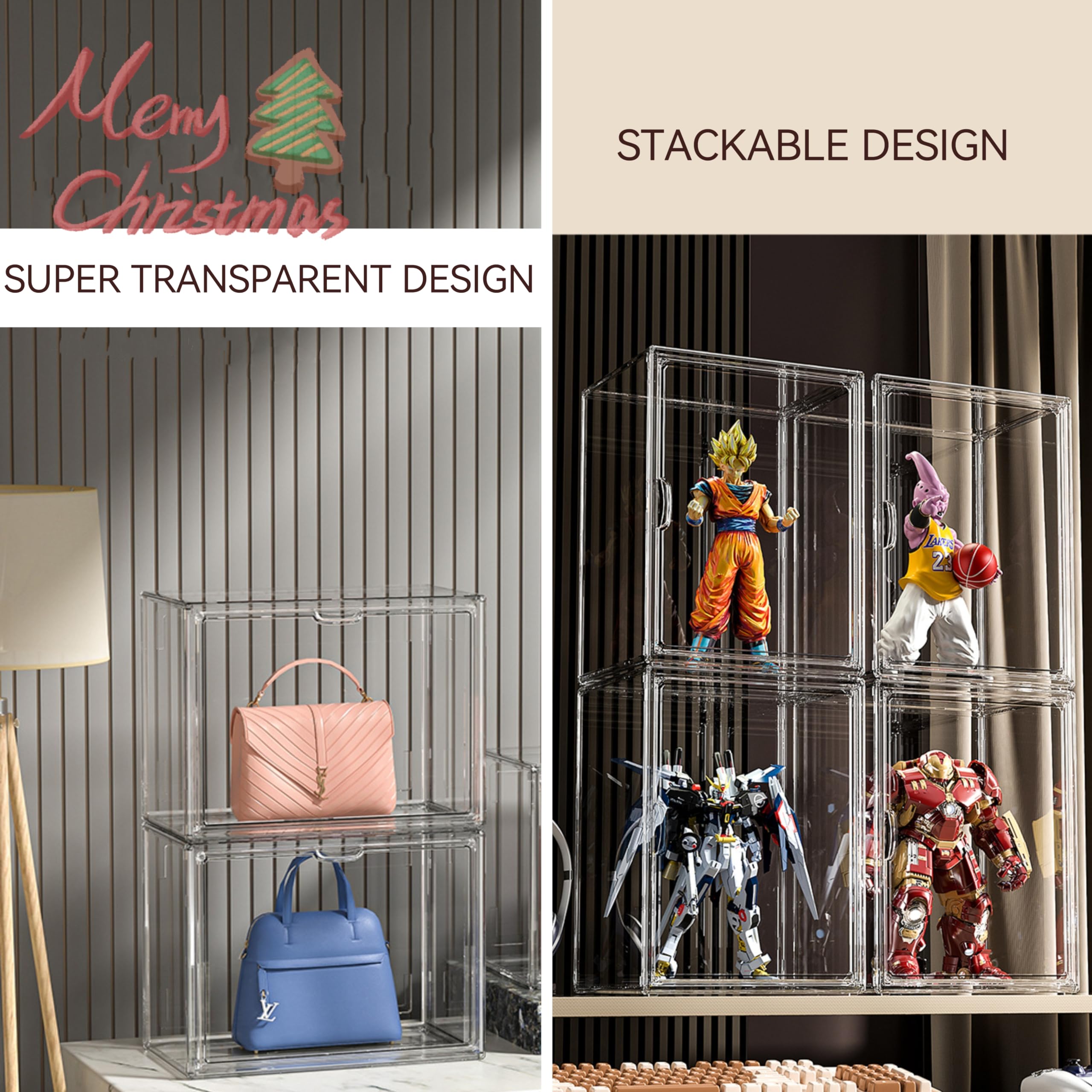 ZLLZUU Clear Stackable Plastic Storage Bins with Lid, Dustproof Book Cosmetic Acrylic Display Cases with Magnetic Door, Large Figures Collectibles Showcase