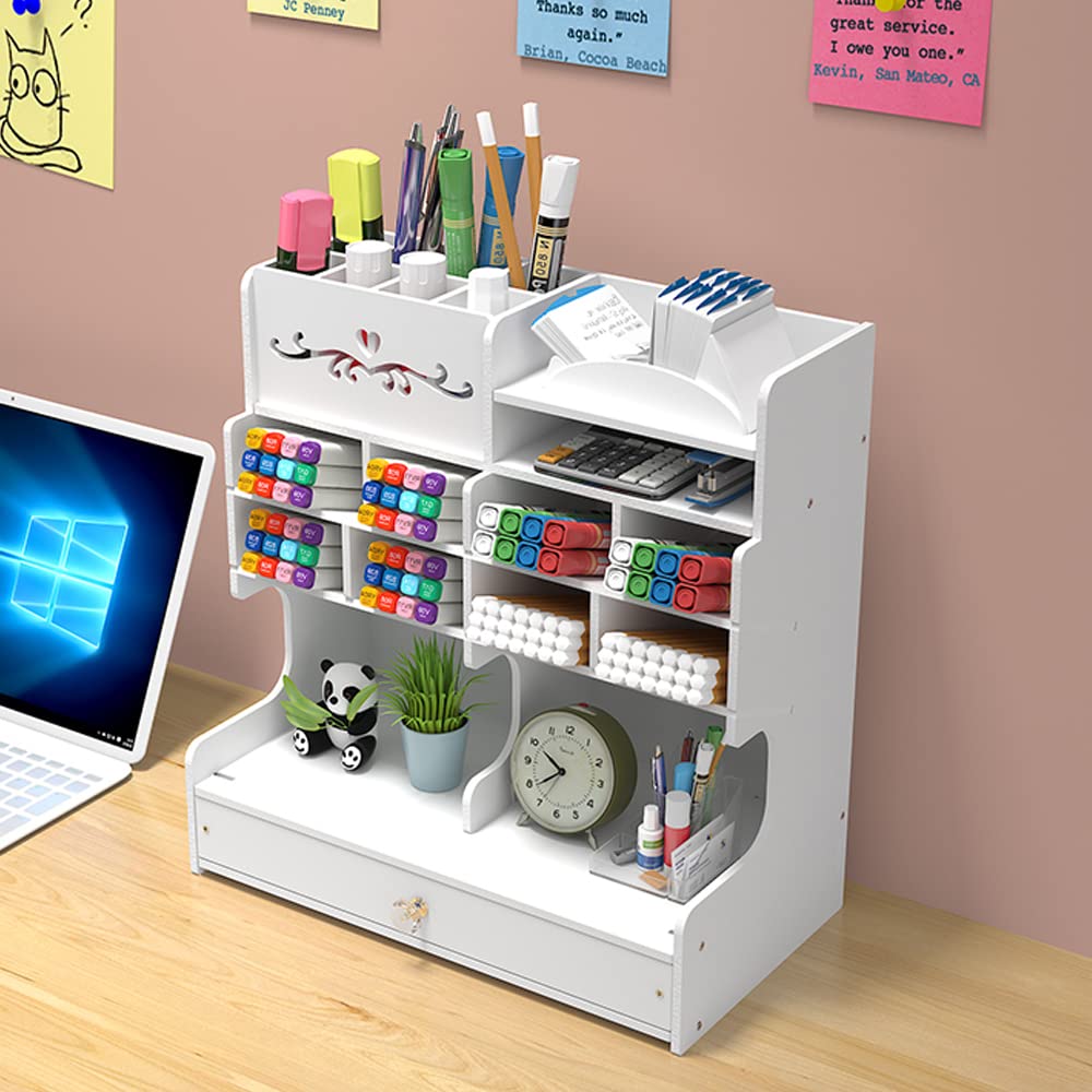 White Pen Organizer with Drawer, DIY Pencil Holder Desk Tidy Caddy Office Stationery Desktop Organizer for Home, Office and School(PB18-1-White)